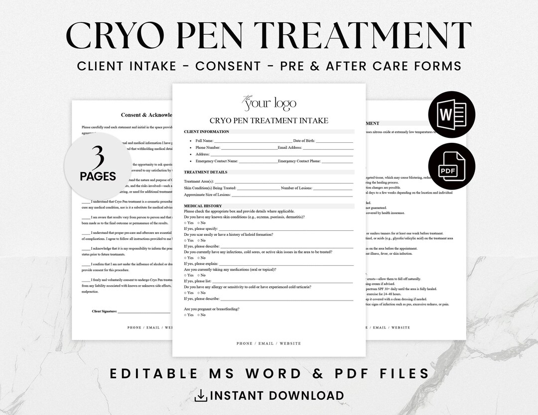 Cryo Pen Consent Form - Client Intake Form - Editable Aesthetic ...