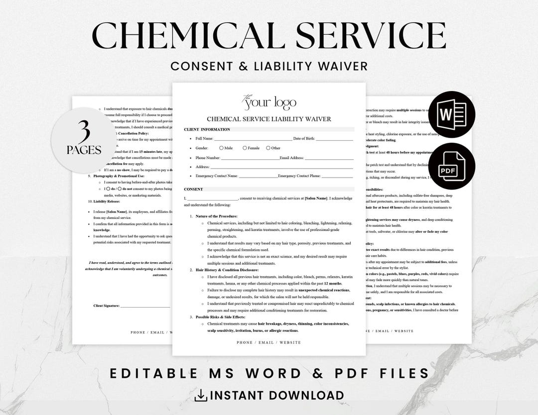 Chemical Service Consent Form - Liability Waiver - Hair Treatment Salon Form - Color & Perm ...