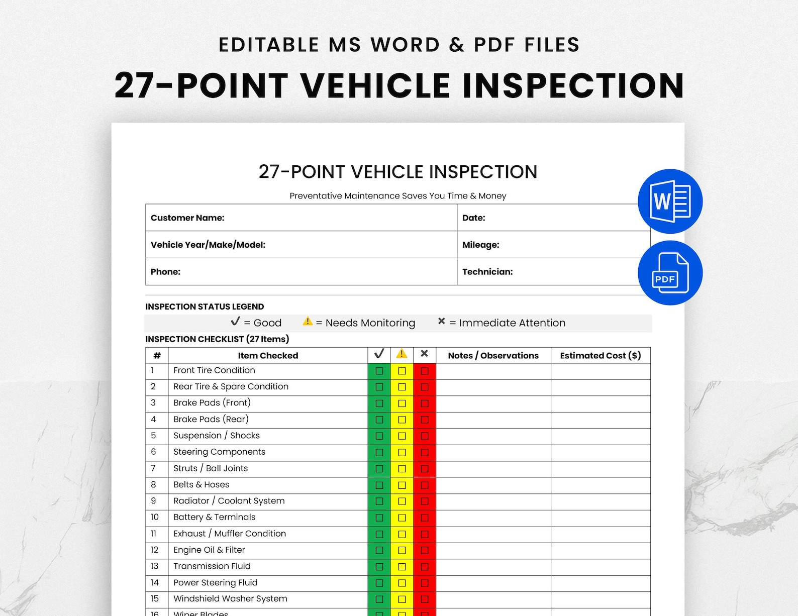 Vehicle Inspection Form PDF | 27-point Vehicle Inspection Checklist ...