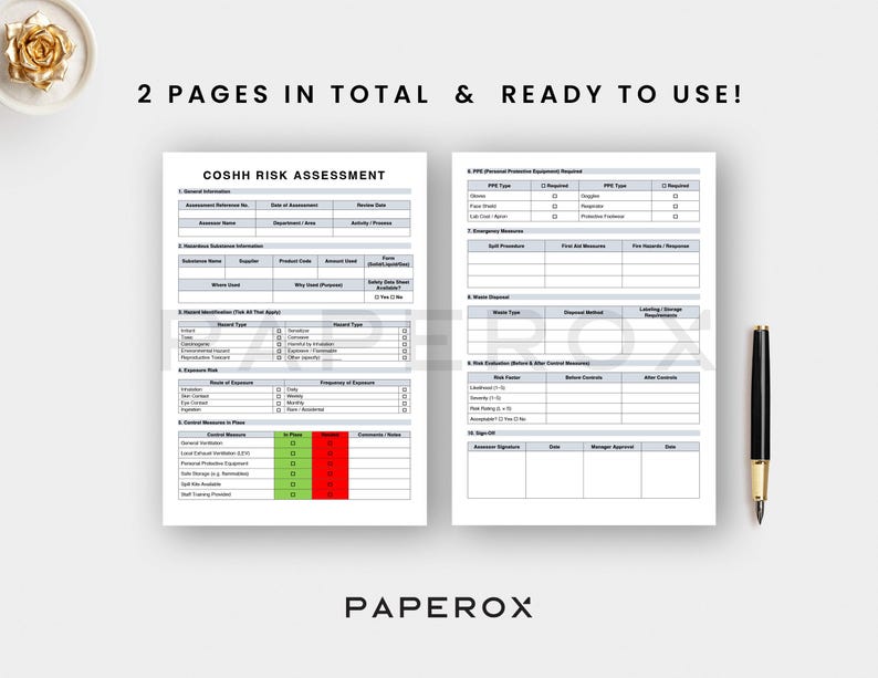 COSHH Risk Assessment Template • Printable Workplace Safety Form ...