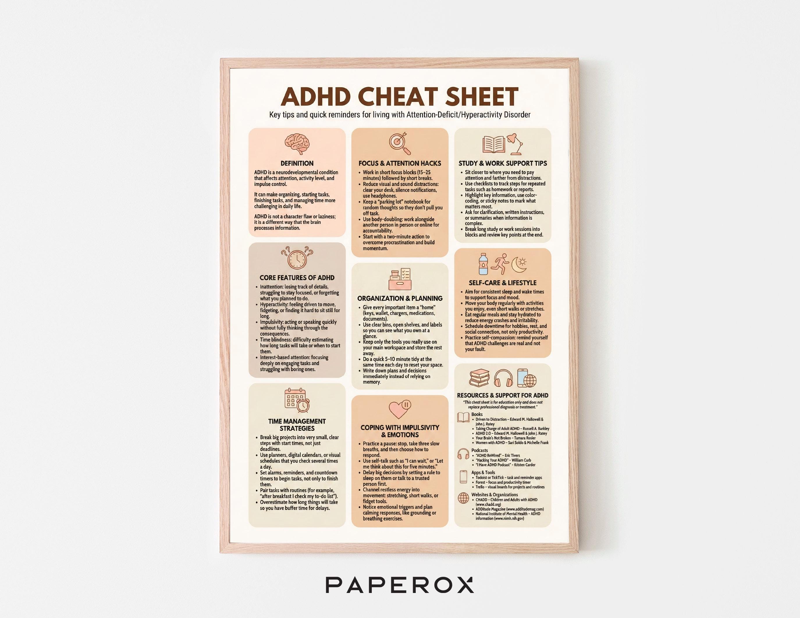 ADHD Cheat Sheet: Theraphy Worksheets, Focus, Time Management ...