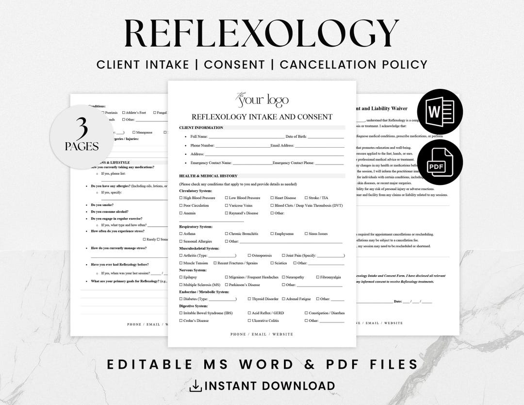 Reflexology Client Intake Form Template - Editable Massage Consultation ...