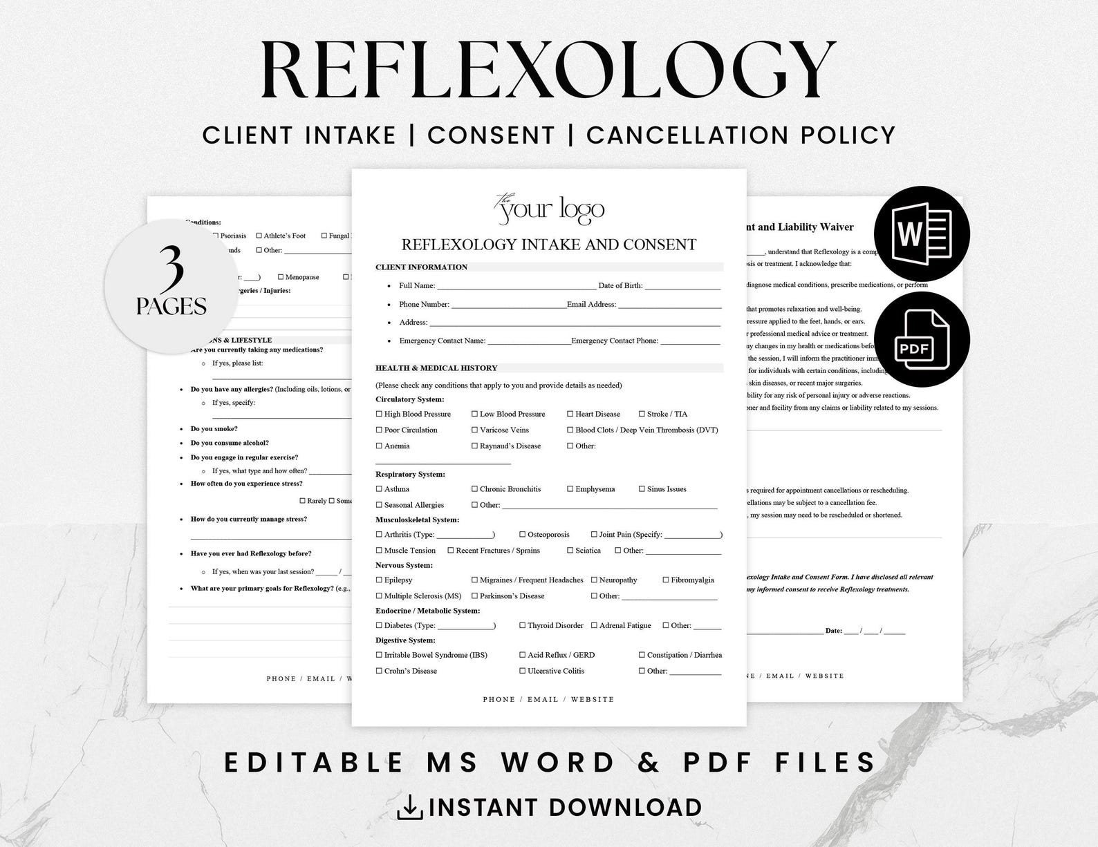 Reflexology Client Intake Form Template - Editable Massage Consultation ...