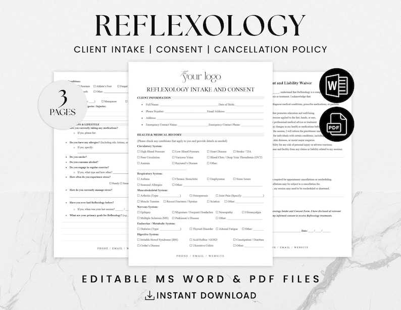 Reflexology Client Intake Form Template - Editable Massage Consultation ...