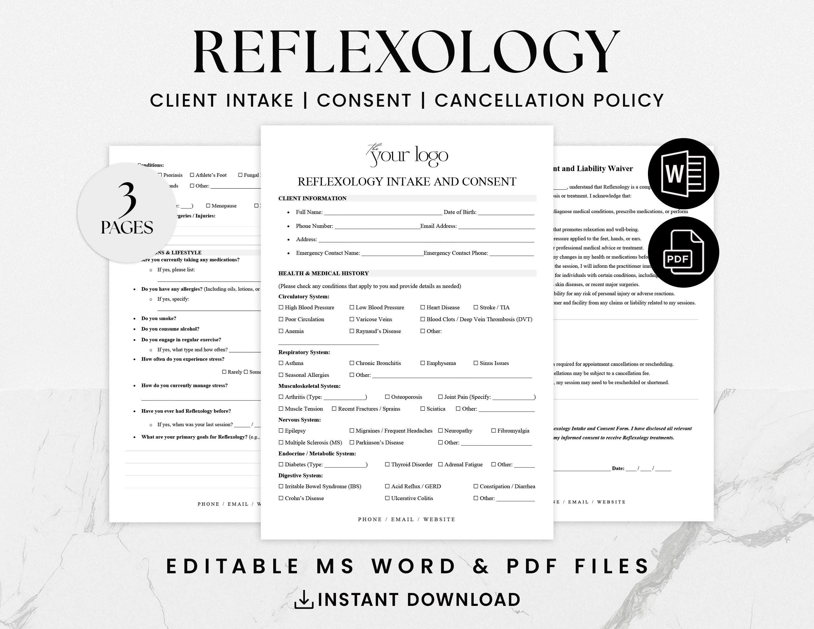 Reflexology Client Intake Form Template - Editable Massage Consultation ...