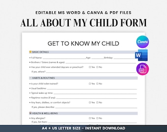 Printable Daycare All About Me Form, Child Information Sheet, Daycare ...