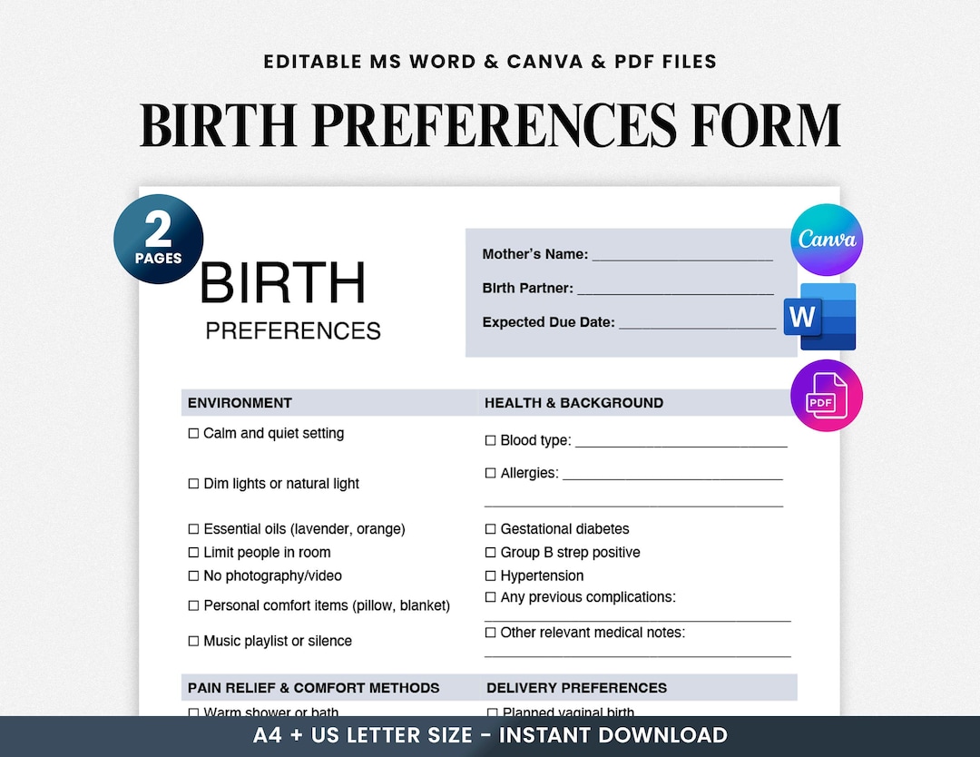 Birth Plan Template, Editable Birth Preferences Template, Printable ...