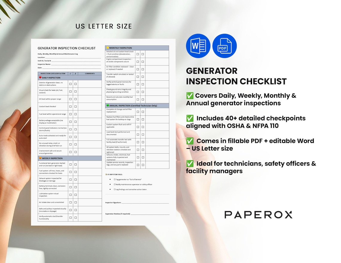 Generator Inspection Checklist PDF - OSHA NFPA 110 Compliant - Fillable ...