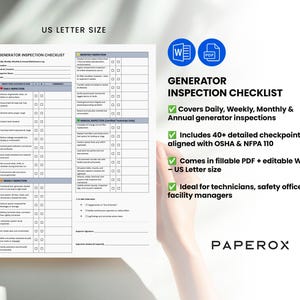 Generator Inspection Checklist PDF - OSHA NFPA 110 Compliant - Fillable ...