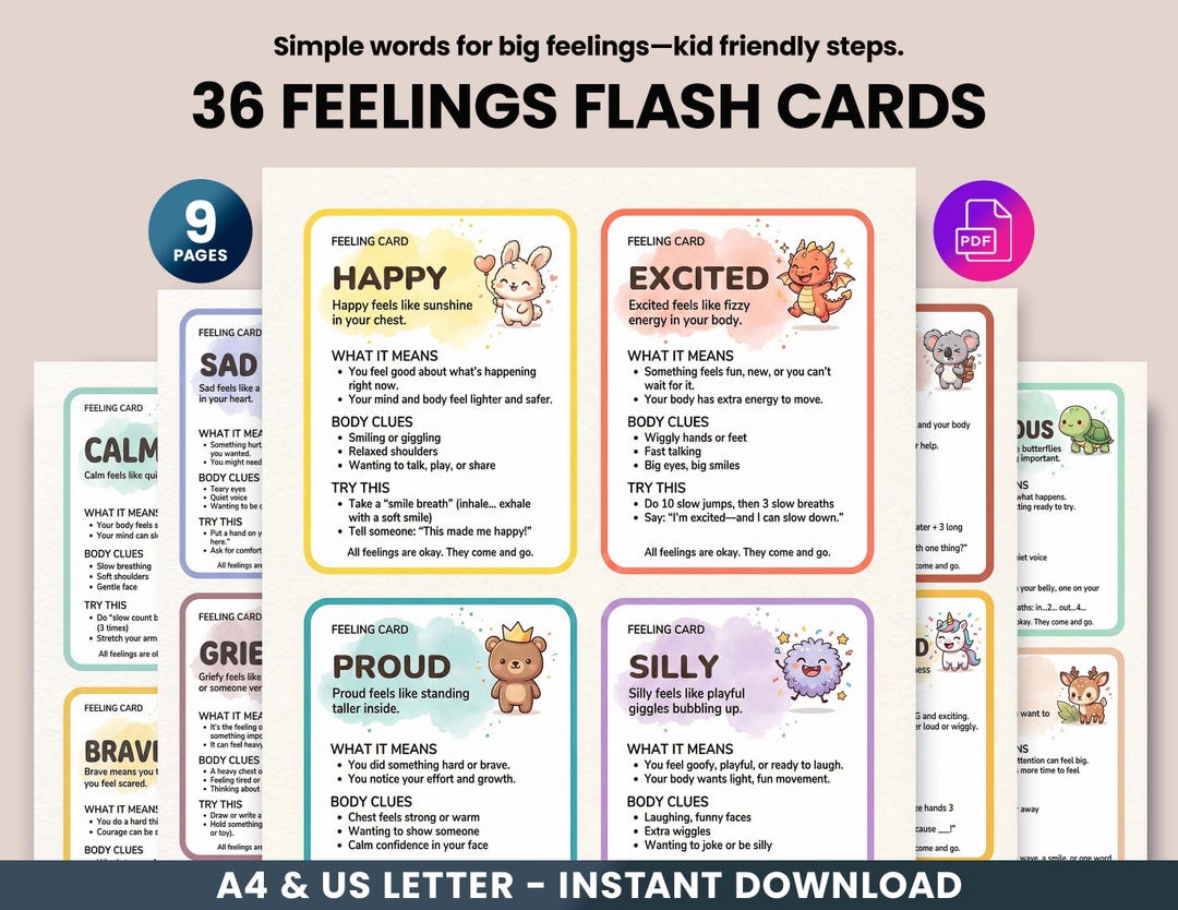 36 Kids Feelings Flash Cards Printable, Emotion Identification + Body ...