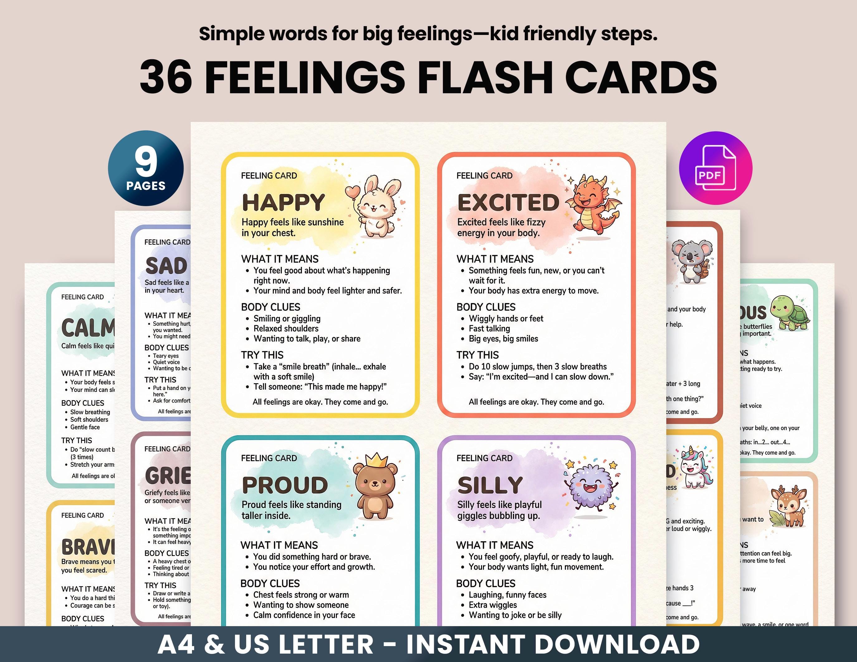 36 Kids Feelings Flash Cards Printable, Emotion Identification + Body ...