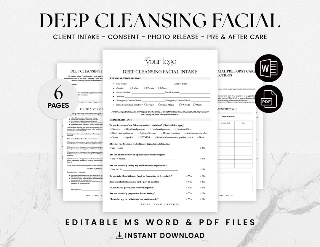 Deep Cleansing Facial Forms Template | Esthetician Client Intake ...