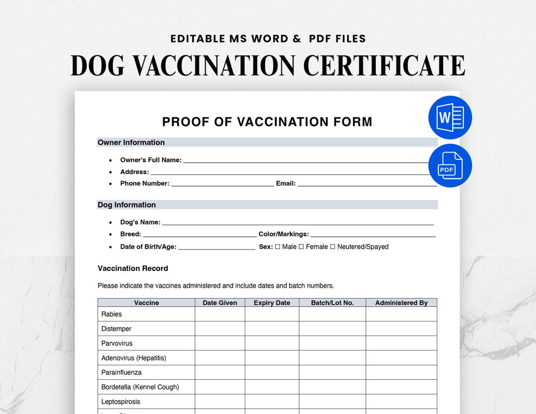 Dog Vaccination Record - Proof of Vaccination Dog - Printable Pet ...