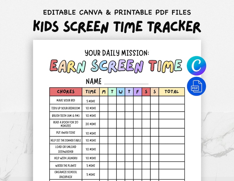 Earn Screen Time Chart for Kids & Teens | Printable Screen Time ...
