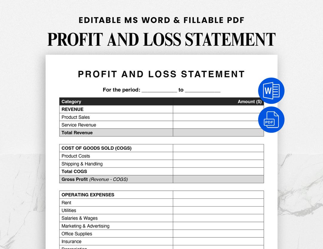 Profit and Loss Statement Template • Fillable Income & Expense Sheet ...