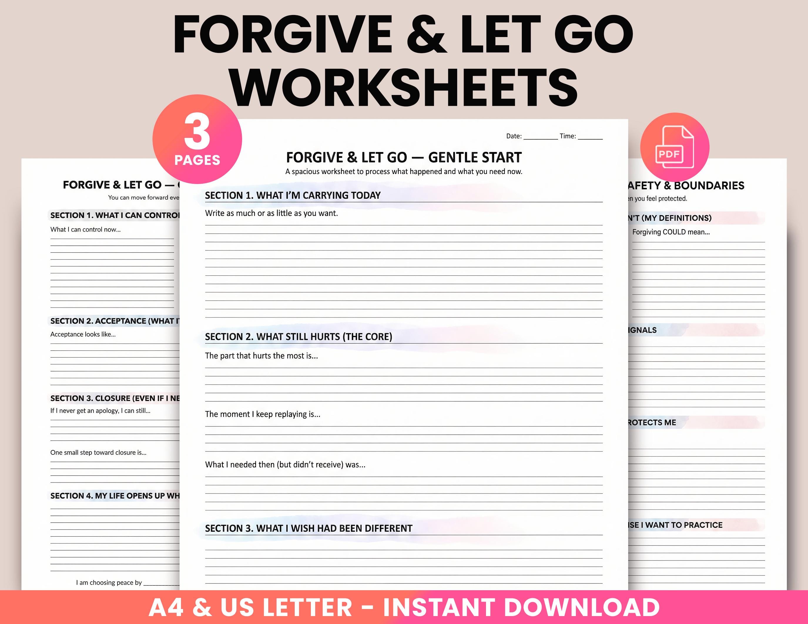 Forgive & Let Go Worksheet PDF - Printable Self Forgiveness Therapy ...