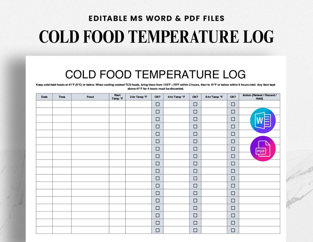 Cold Food Temperature Log (word & PDF), Cold Holding Temperature Chart ...