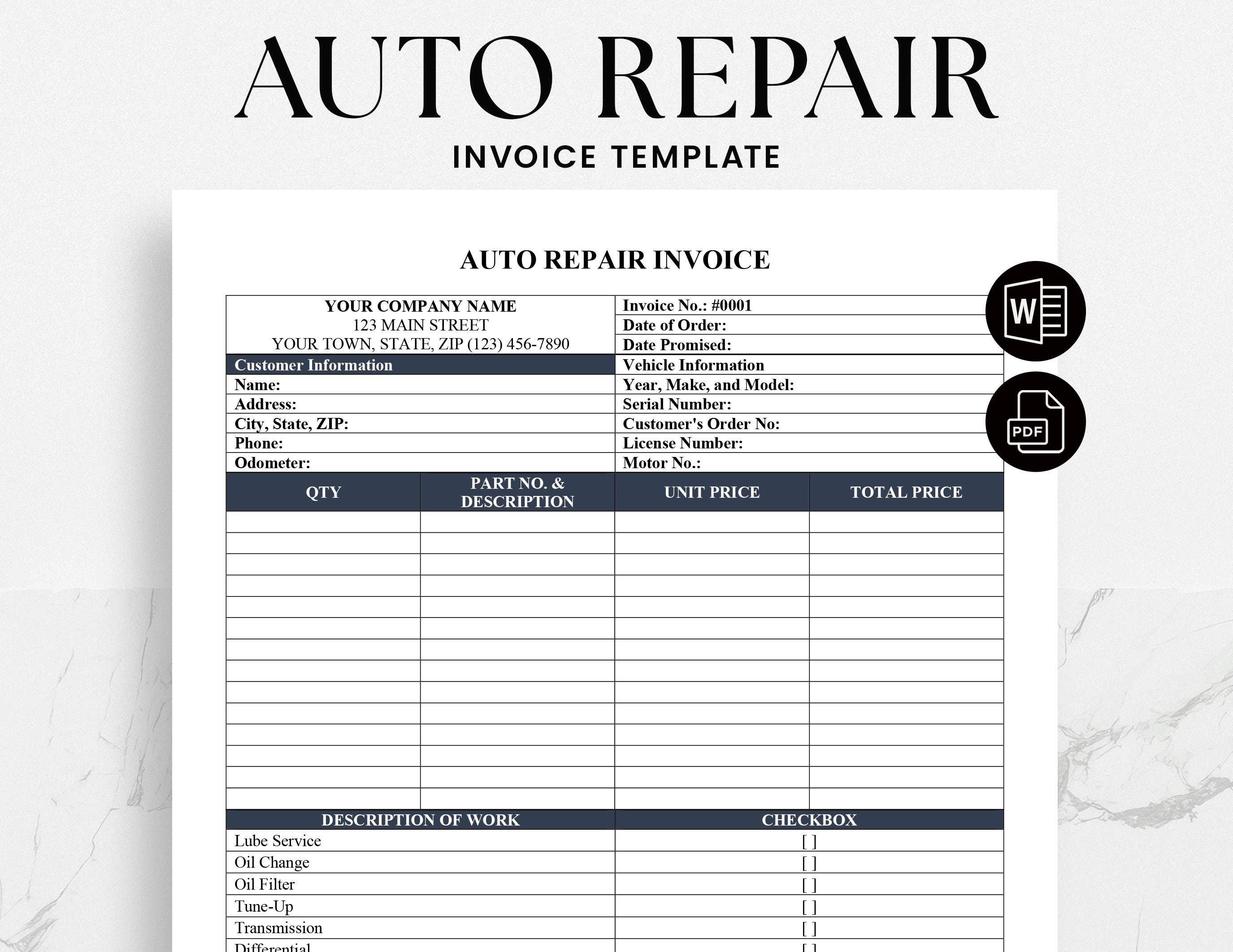 Auto Repair Invoice Template - Automotive Service Invoice Template ...