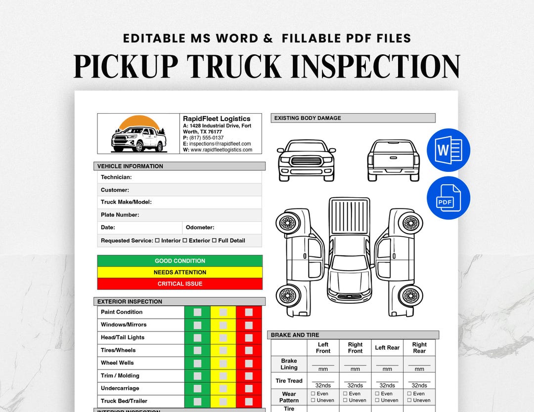 Fillable Pickup Truck Inspection Form - Printable Truck Damage Diagram ...