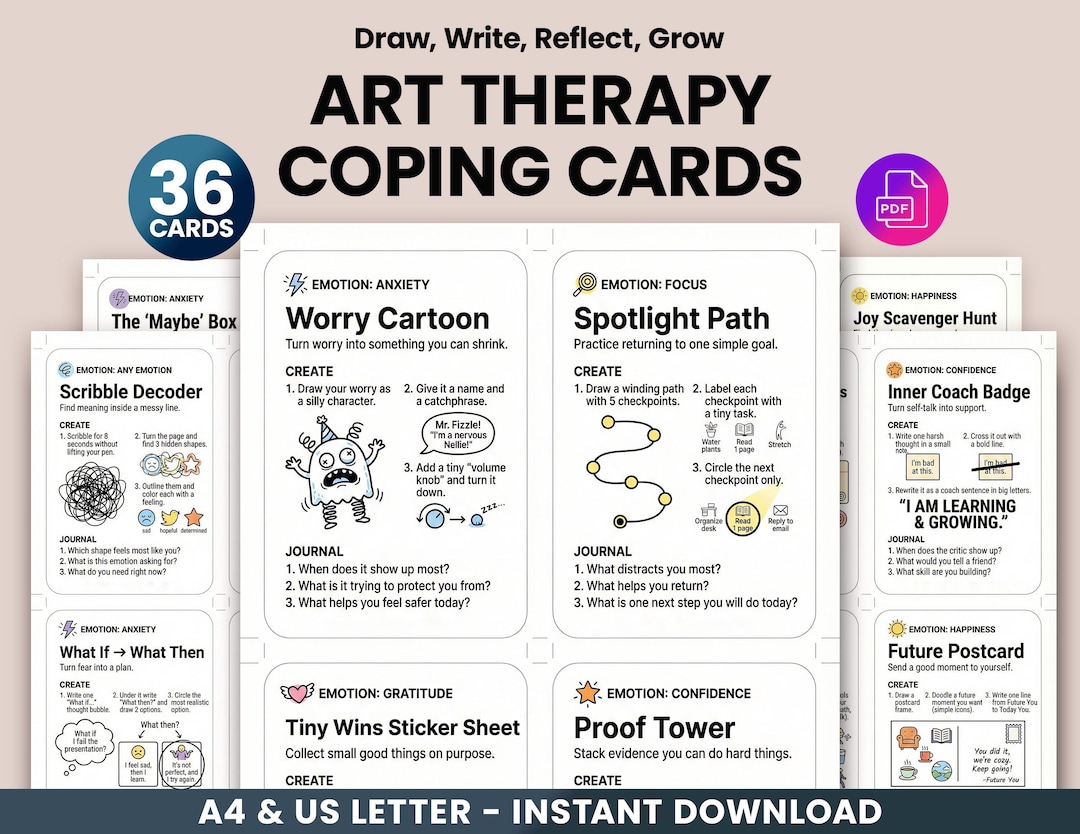 36 Art Therapy Prompt Cards - Mental Health Coping Skills, Drawing ...