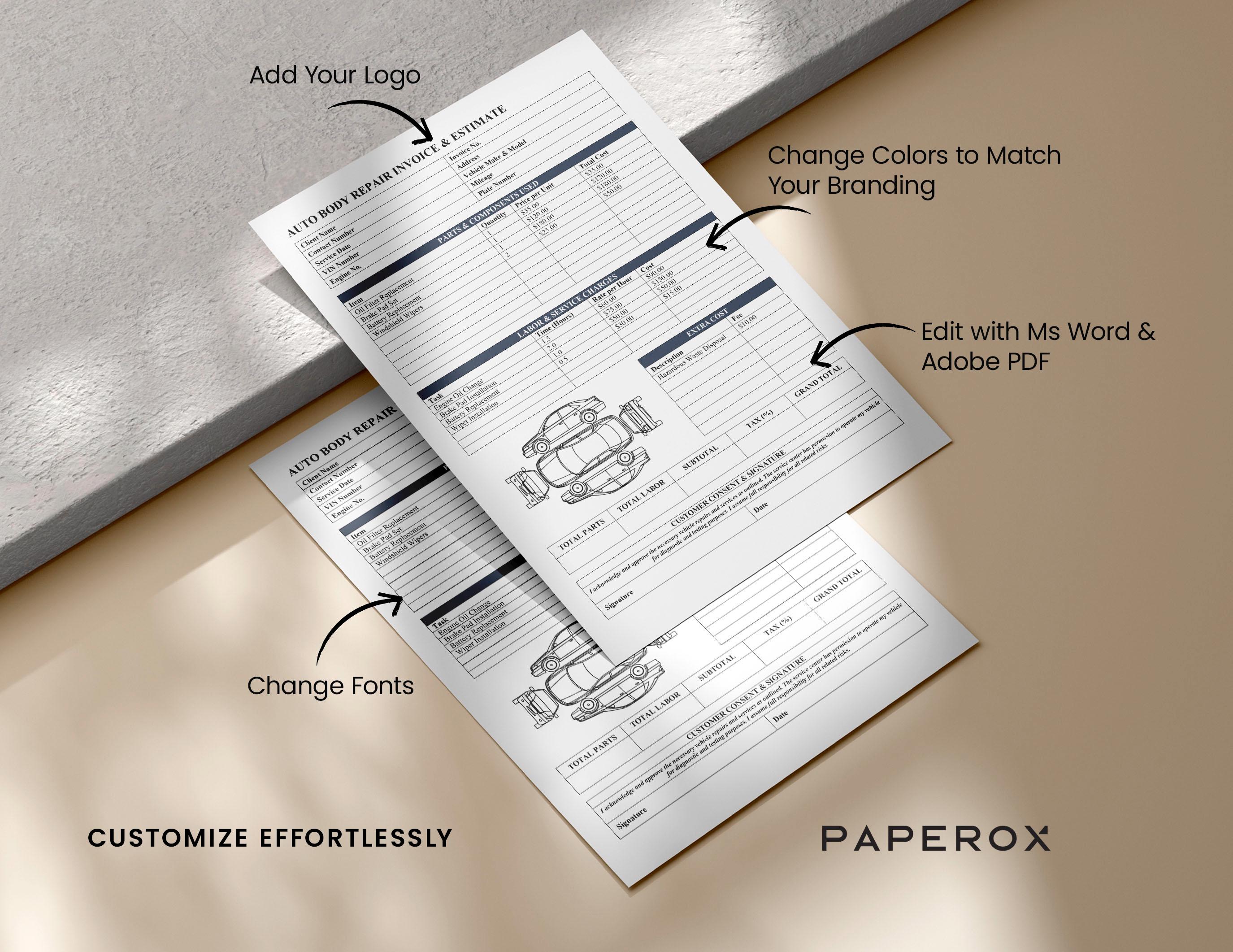 Auto Body Repair Invoice Template – Printable Mechanic Service Estimate ...