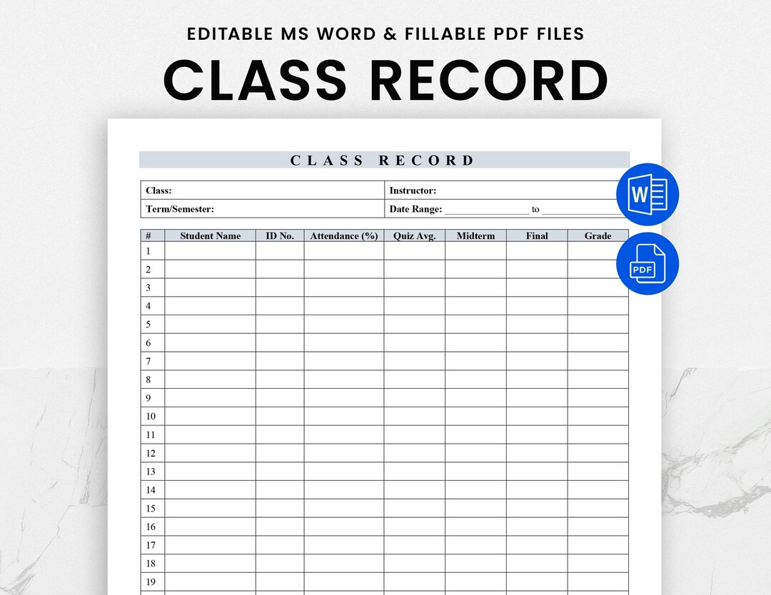 Class Record Template - Printable Teacher Grade Sheet - Class Gradebook ...