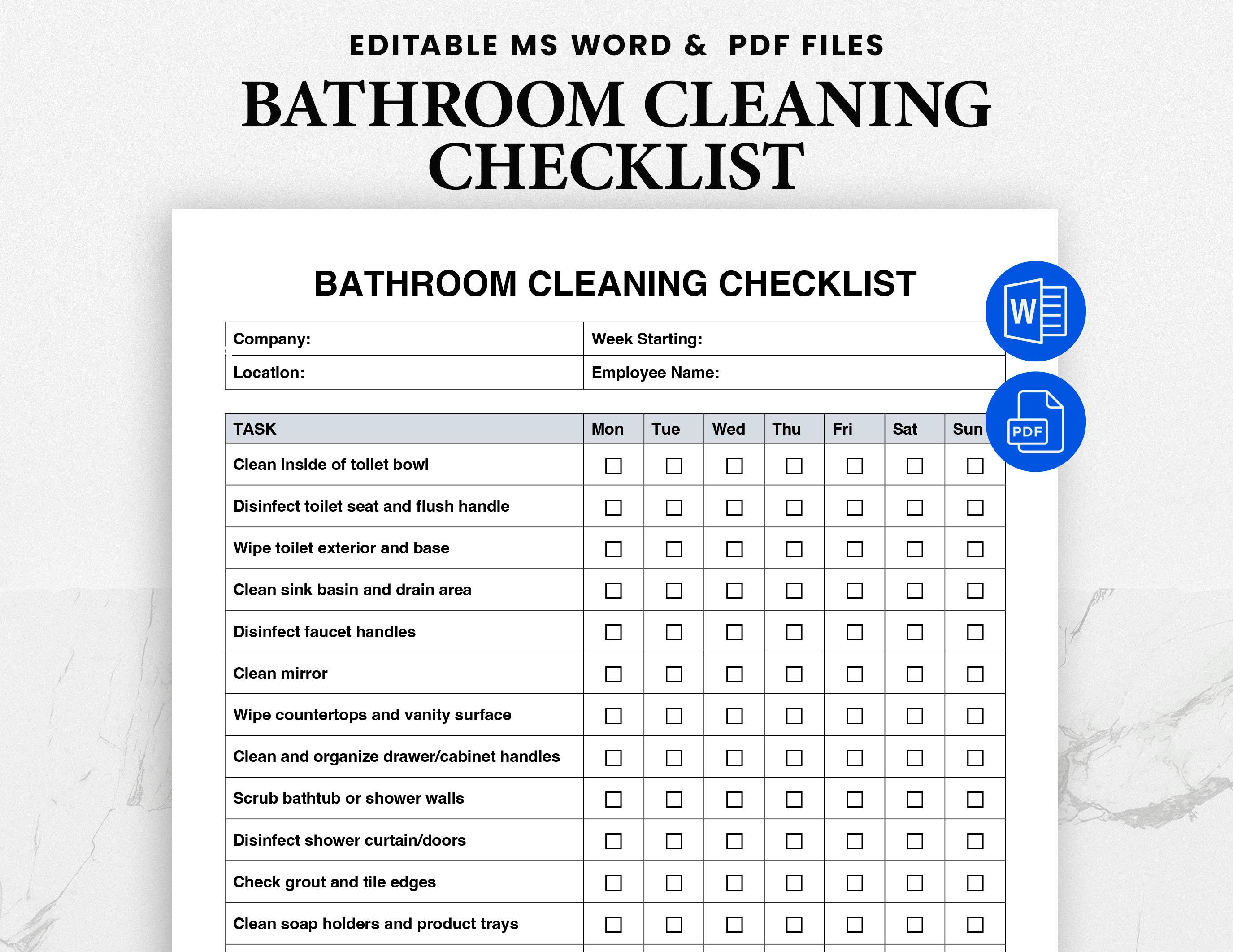 Bathroom Cleaning Checklist Template - Weekly Cleaning Schedule - Hotel ...