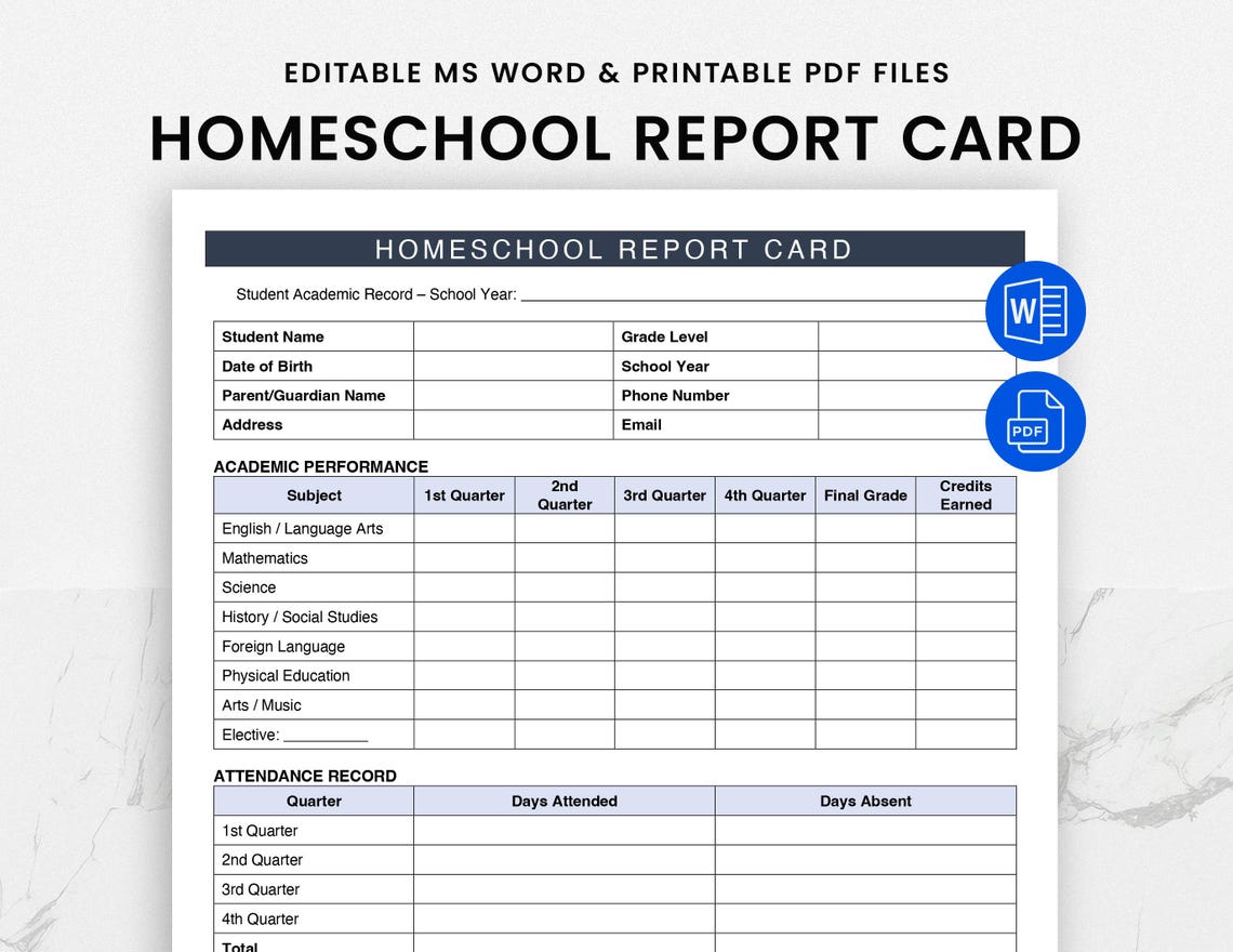 Editable Homeschool Report Card Template, Fillable Homeschooling ...
