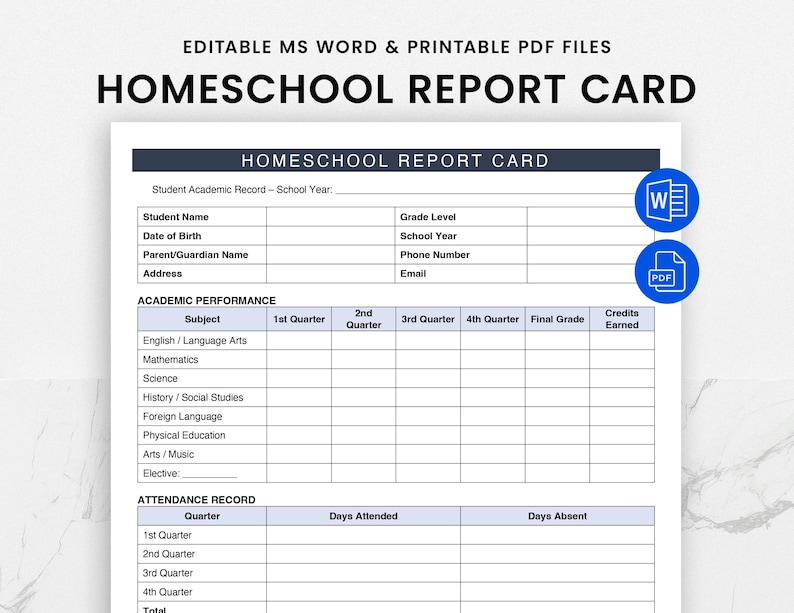 Editable Homeschool Report Card Template, Fillable Homeschooling ...