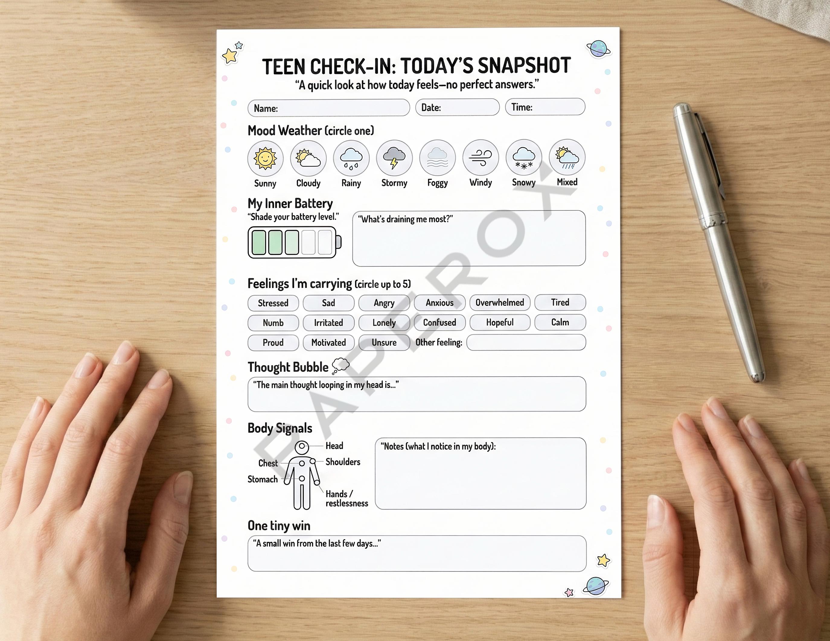 Teen Mental Health Check in Form (2 Pages), Teen Therapy Session ...