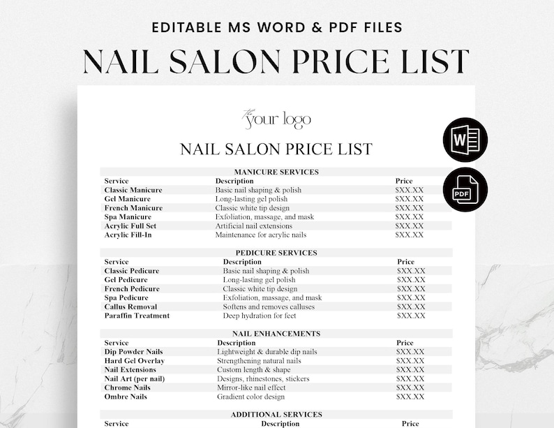 Nail Salon Price List Template - Manicure Pedicure Menu - Nail Technician Pricing Sheet ...
