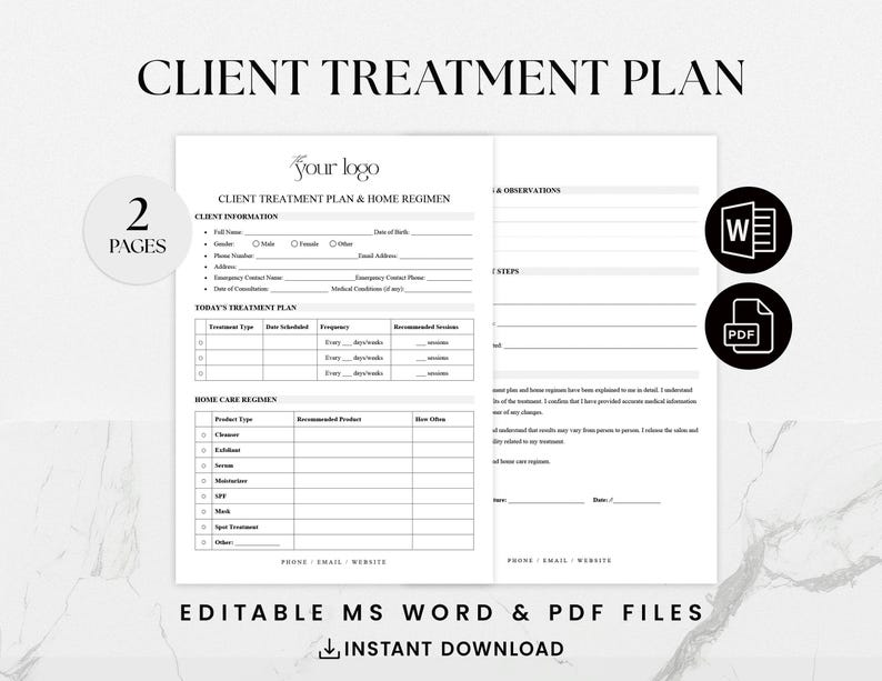 Client Treatment Plan | 2-page Editable PDF Template | Skincare & Spa ...