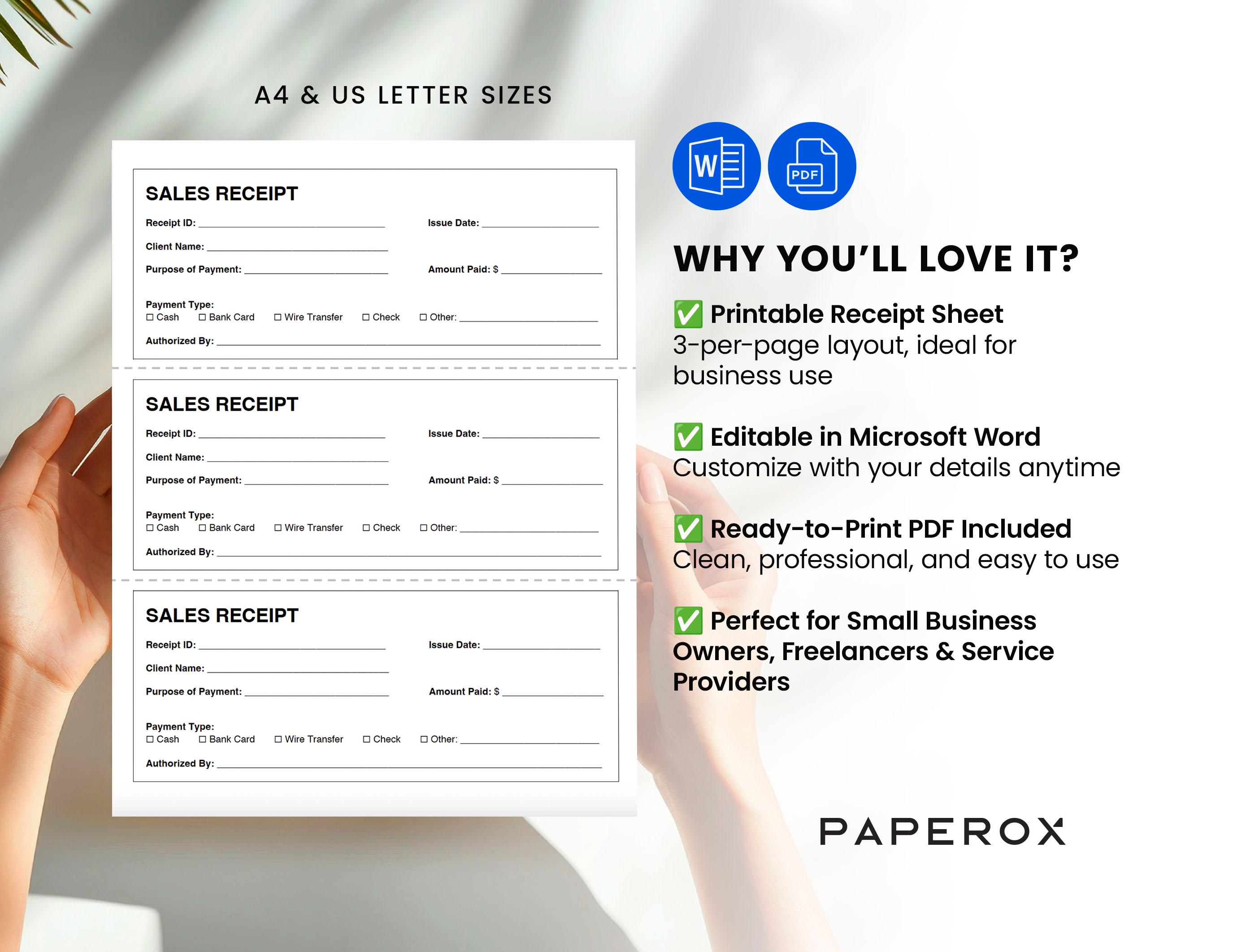 Printable Receipt Template – Editable Word Sales Receipt - Money or ...