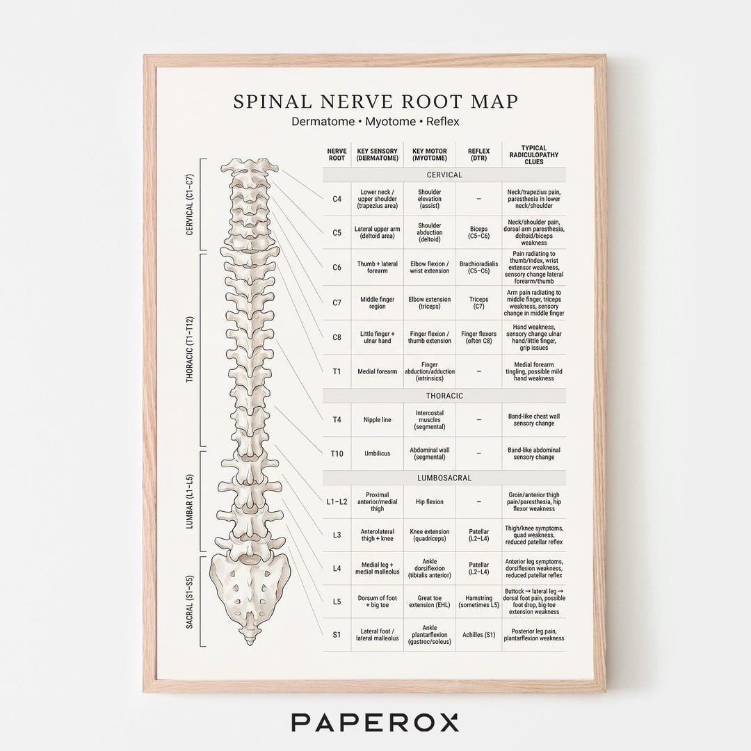 Spinal Nerve Root Map Poster - Dermatome Myotome Reflex Chart ...