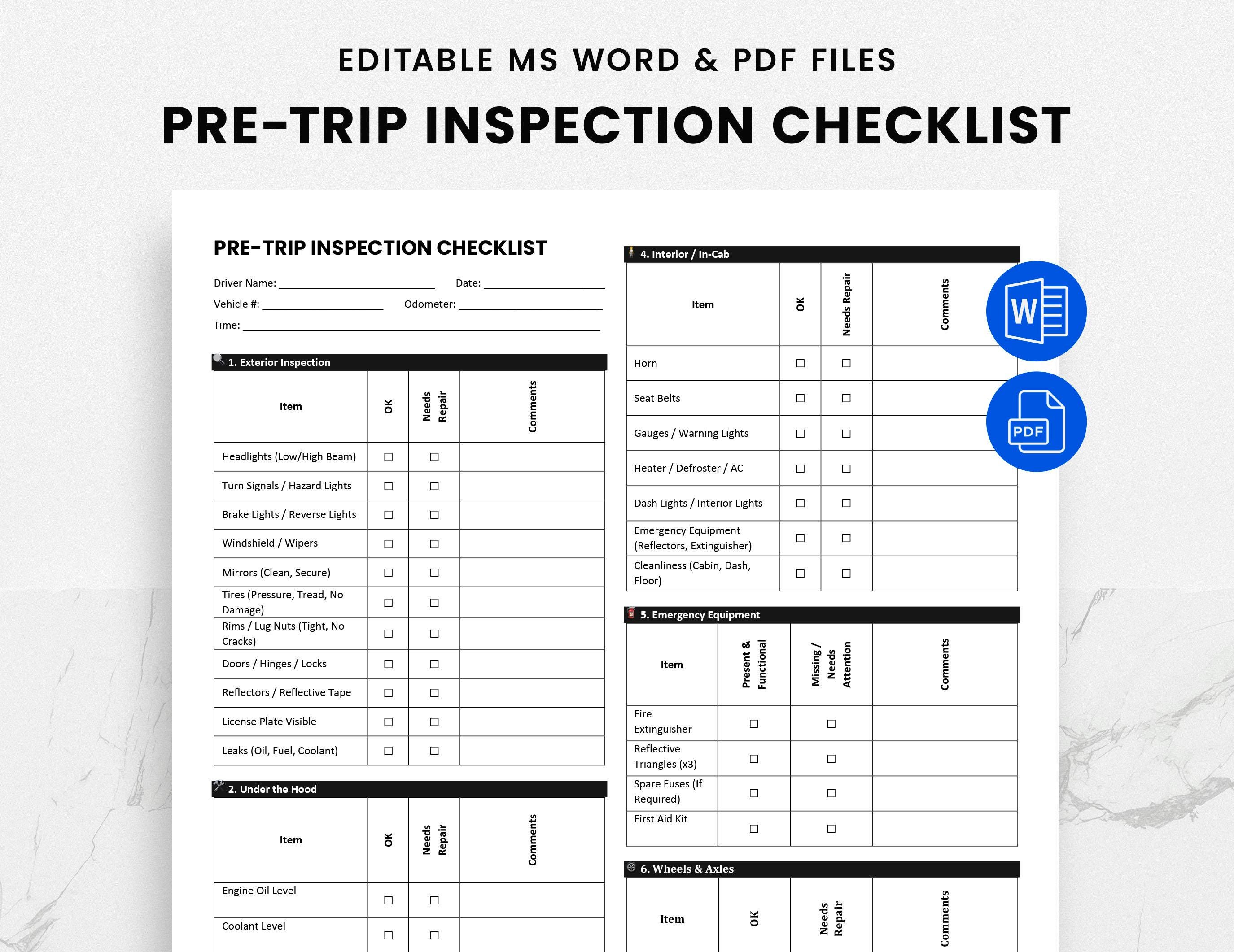 DOT Pre-trip Inspection Checklist PDF | Printable Driver Daily Vehicle ...