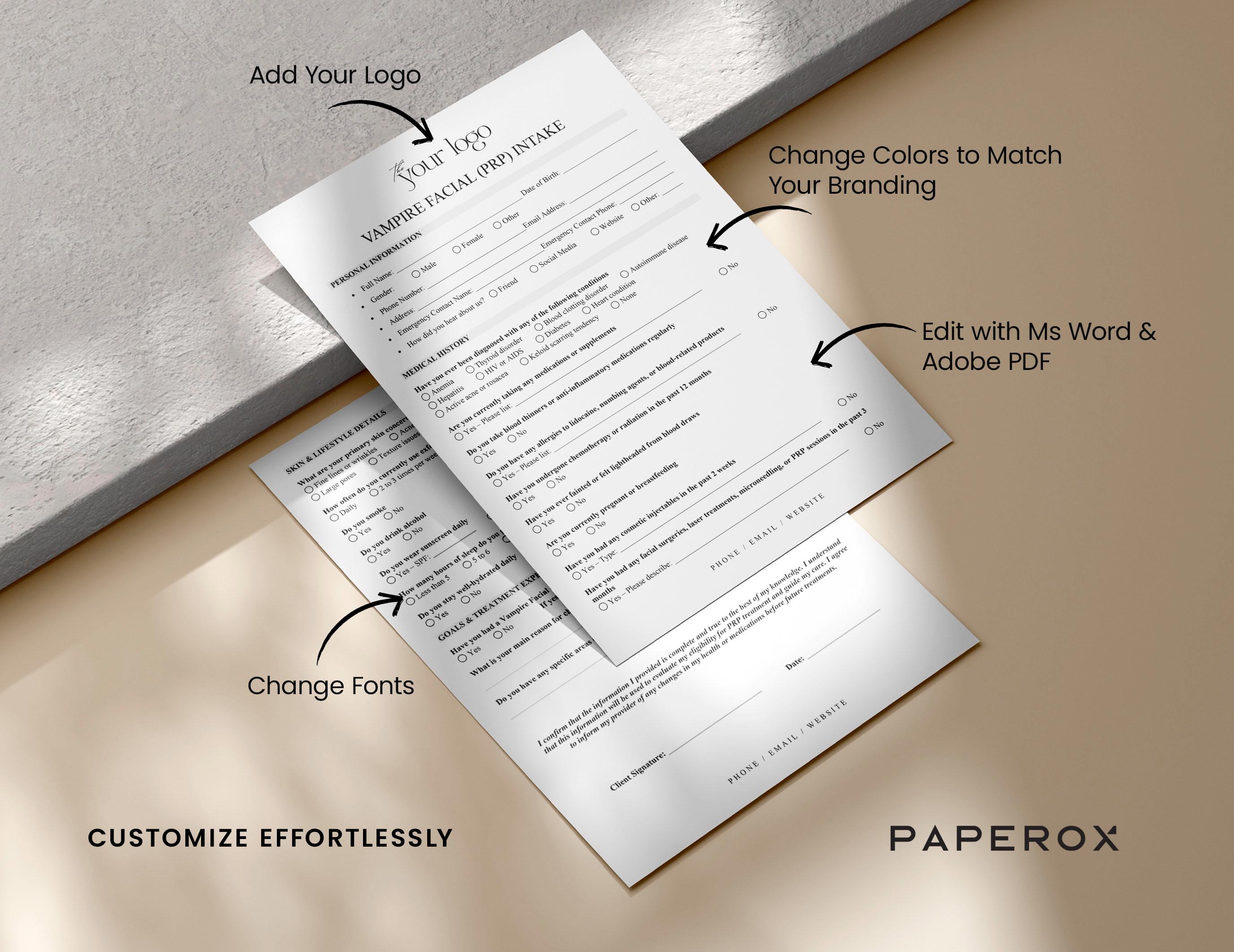 Vampire Facial Client Intake & PRP Consent Form Template - PRP Facial ...