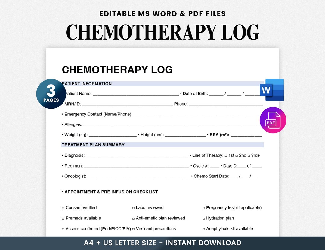 Chemotherapy Log Template - Printable Oncology Treatment Form, Infusion ...