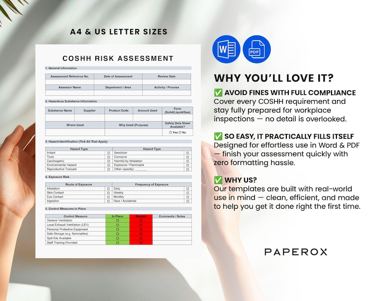 COSHH Risk Assessment Template • Printable Workplace Safety Form ...