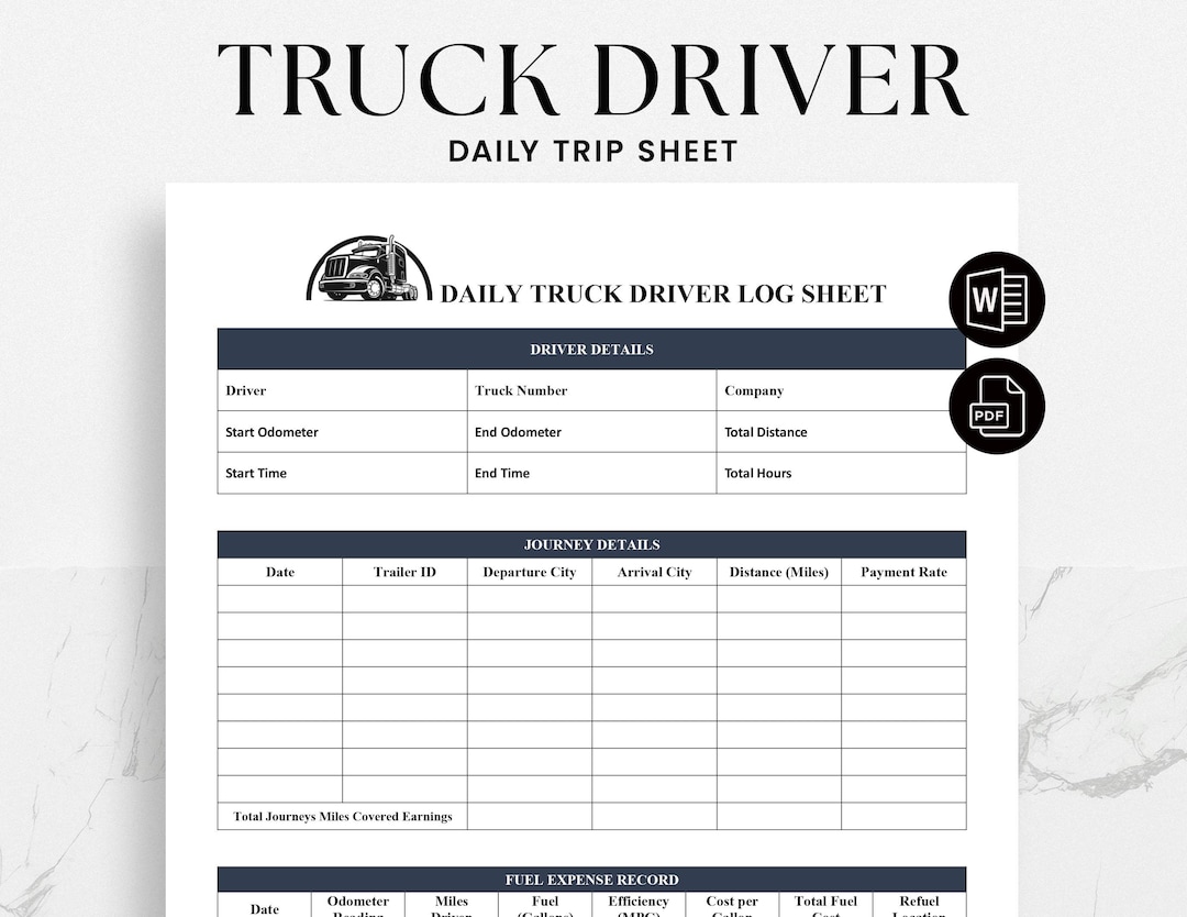Truck Driver Daily Trip Sheet Template - Truck Driver Log Book – Daily Mileage, Fuel ...