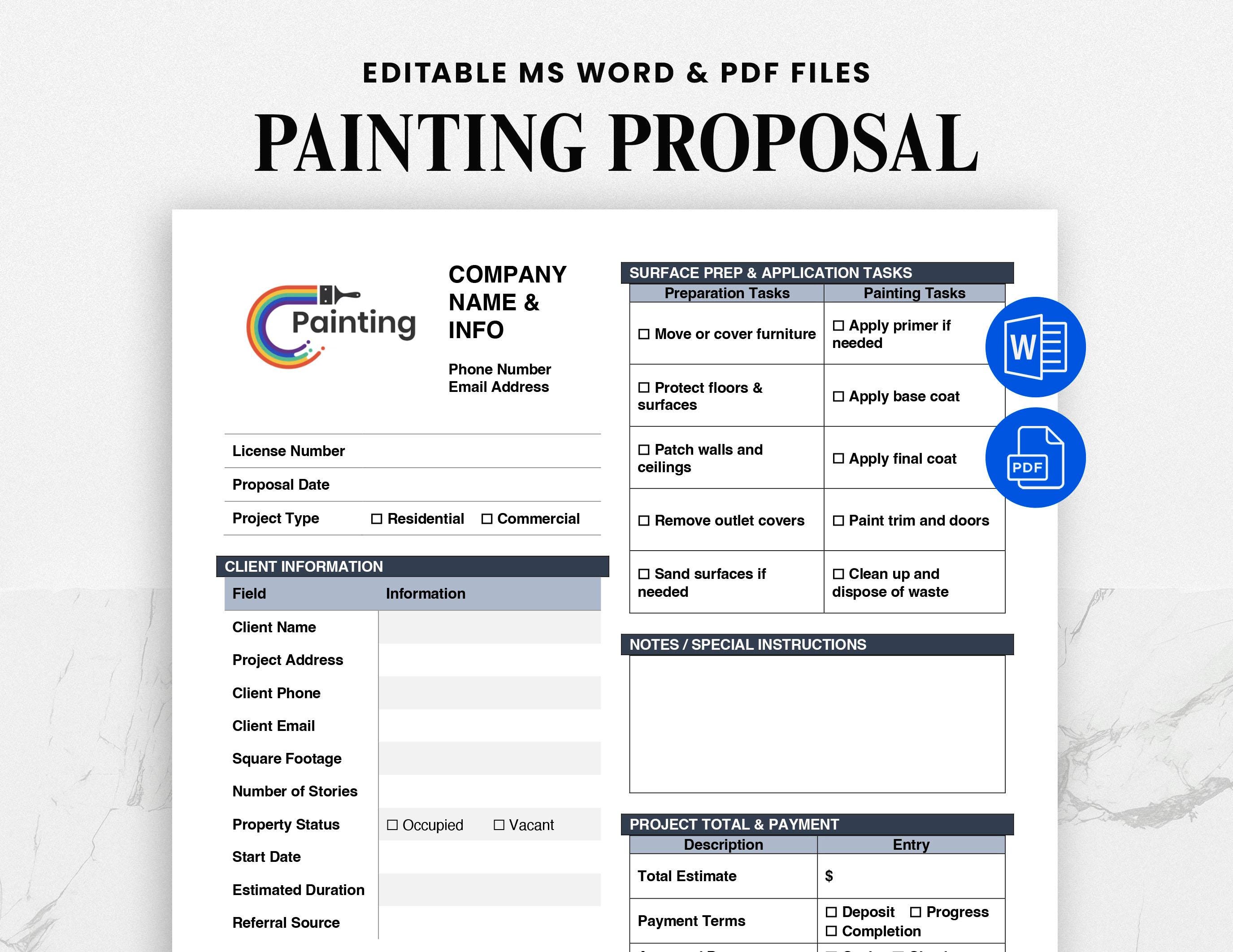 Printable Interior Painting Proposal Form Template • Painting Estimate Sheet for Contractors ...