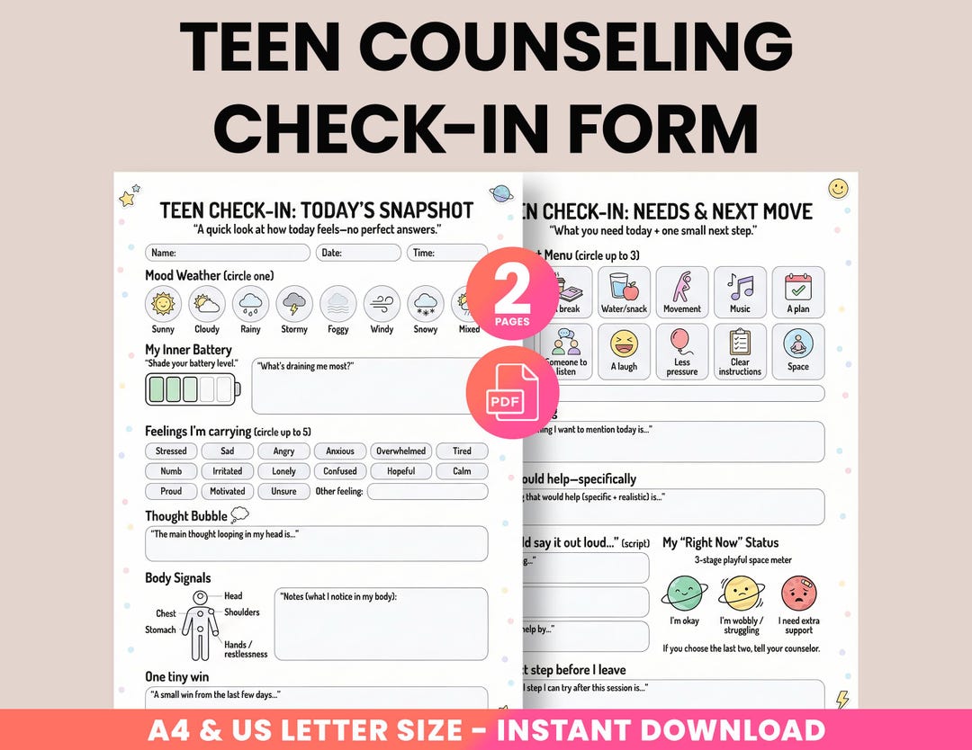 Teen Mental Health Check in Form (2 Pages), Teen Therapy Session ...