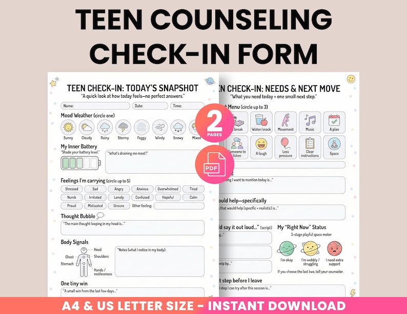 Teen Mental Health Check in Form (2 Pages), Teen Therapy Session ...