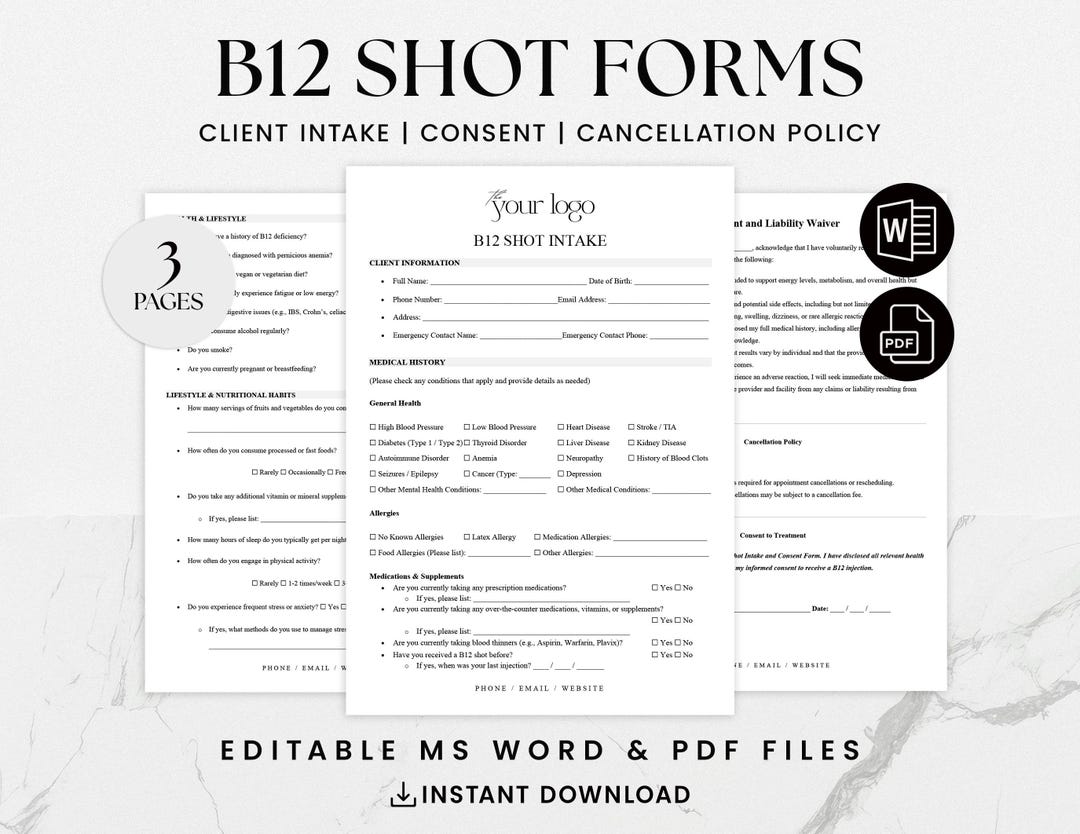 B12 Shot Client Intake Form - Vitamin Injection Client Waiver - Consent ...