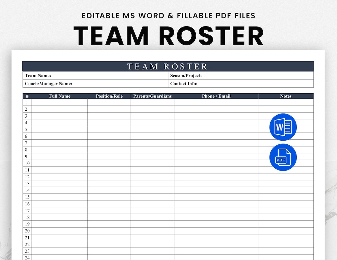 Team Roster Template PDF - Sports Roster Printable - Soccer Team Roster ...
