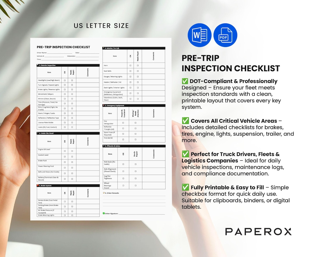 DOT Pre-trip Inspection Checklist PDF | Printable Driver Daily Vehicle ...