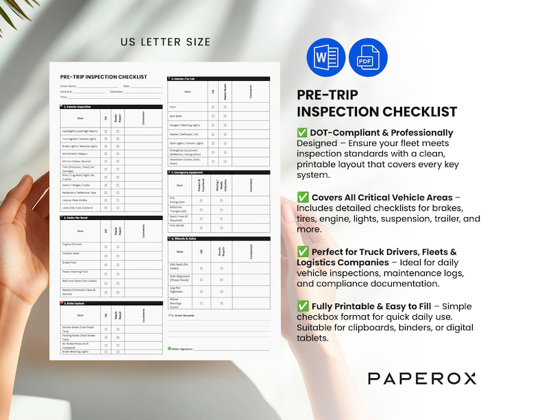 DOT Pre-trip Inspection Checklist PDF | Printable Driver Daily Vehicle ...