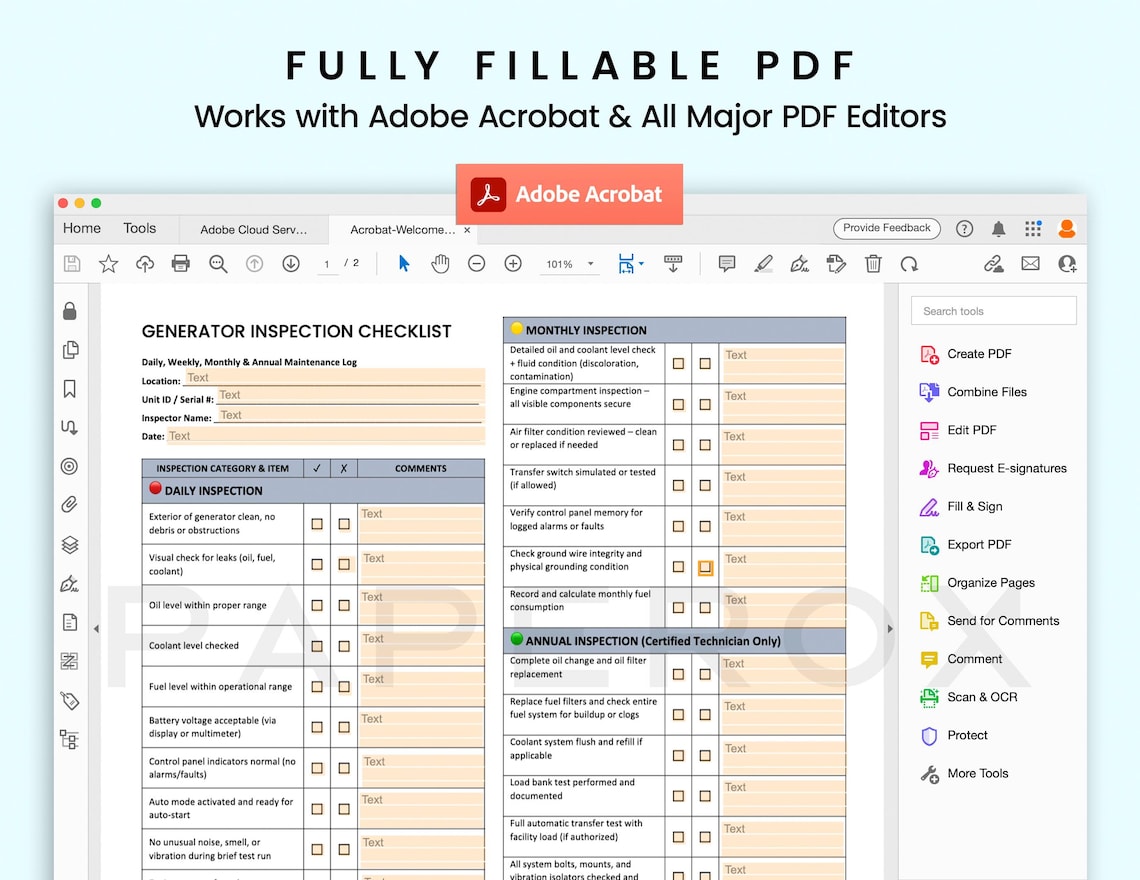 Generator Inspection Checklist PDF - OSHA NFPA 110 Compliant - Fillable ...
