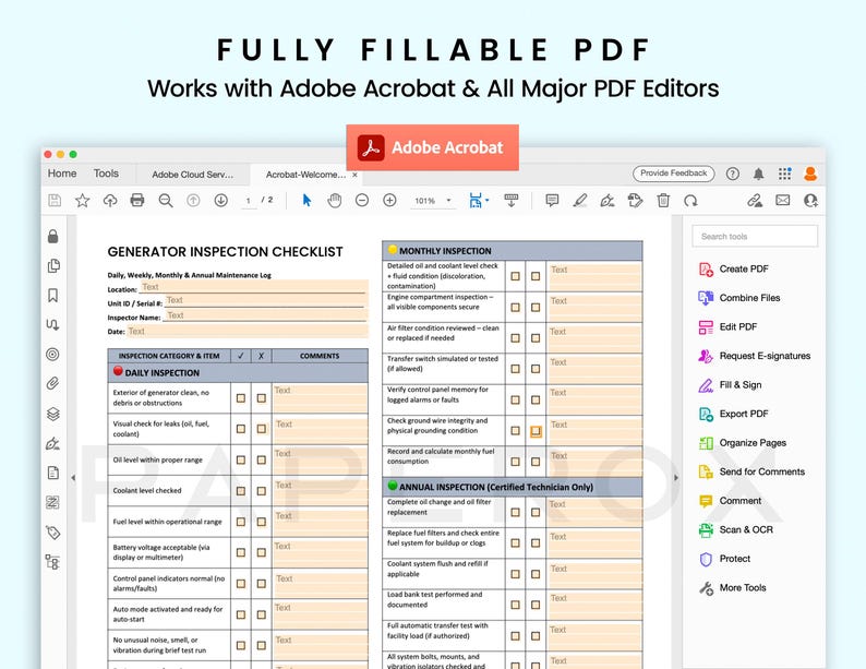 Generator Inspection Checklist PDF - OSHA NFPA 110 Compliant - Fillable ...