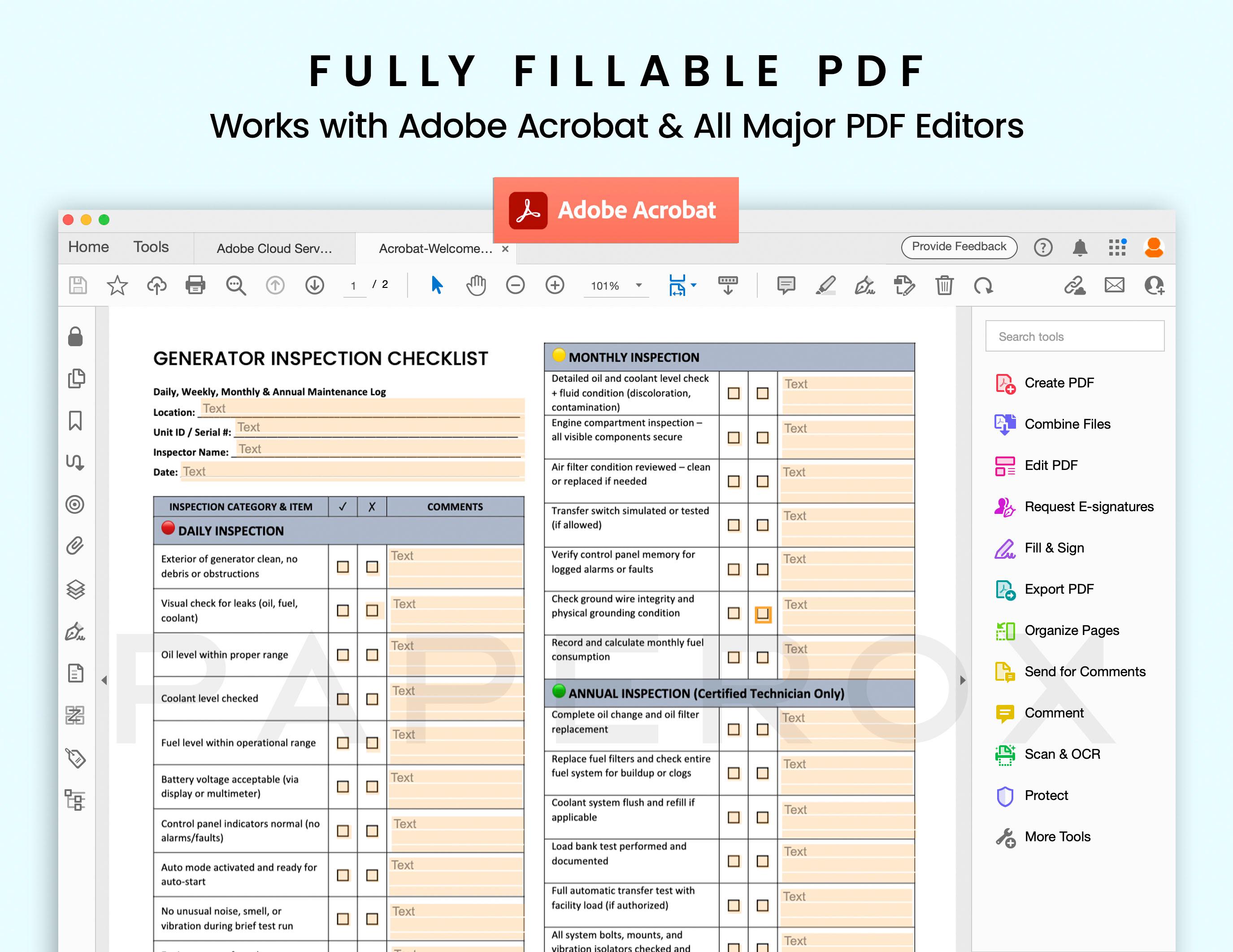 Generator Inspection Checklist PDF - OSHA NFPA 110 Compliant - Fillable ...