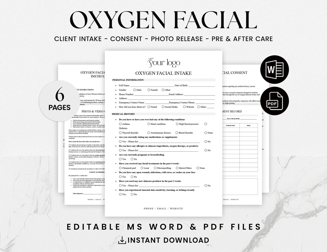 Oxygen Facial Intake and Consent Form Template - Esthetician Spa Client ...